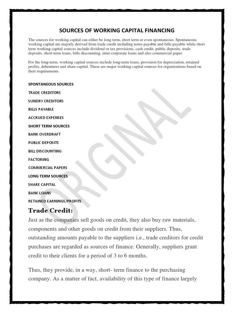 Sources of Working Capital Financing: Trade Credit | PDF | Factoring ...