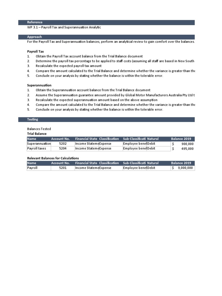 Audit Module 2 - Payroll Tax and Superannuation Workpaper | PDF