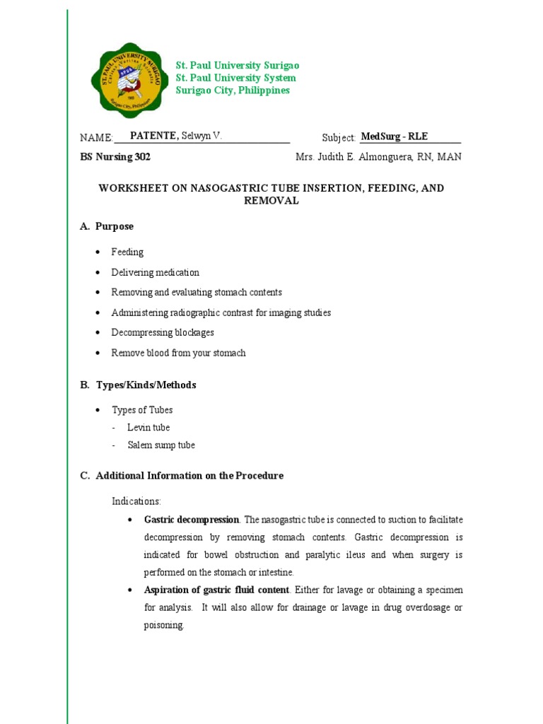 PATENTE - Worksheet - Nasogastric Tube Insertion, Feeding, and Removal ...