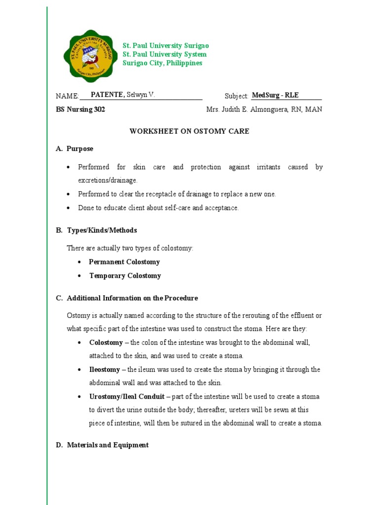 BS Nursing 302 Mrs. Judith E. Almonguera, RN, MAN Worksheet On Ostomy ...