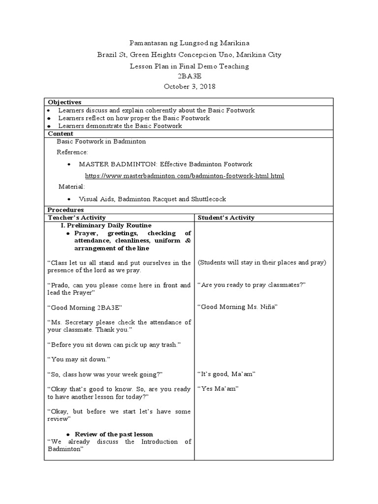 Lesson Plan in Badminton | PDF | Racquet Sports | Sports