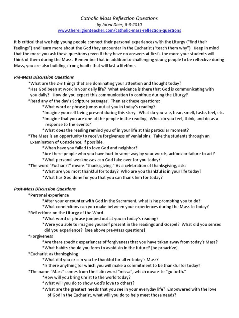 Mass Reflection Questions 2011 | PDF | Mass (Liturgy) | Eucharist