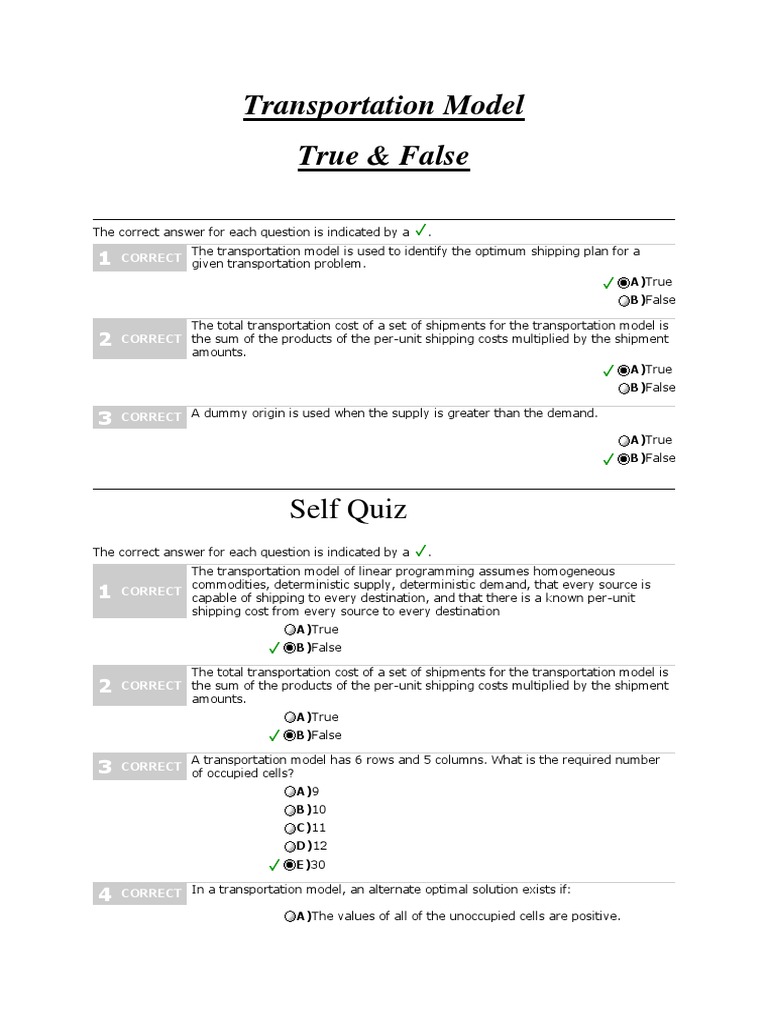 Transportation Model True & False: Self Quiz | PDF | Mathematical ...