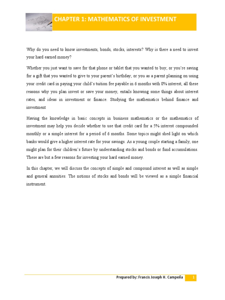 Mathematics of Investment Basics | PDF | Interest | Present Value