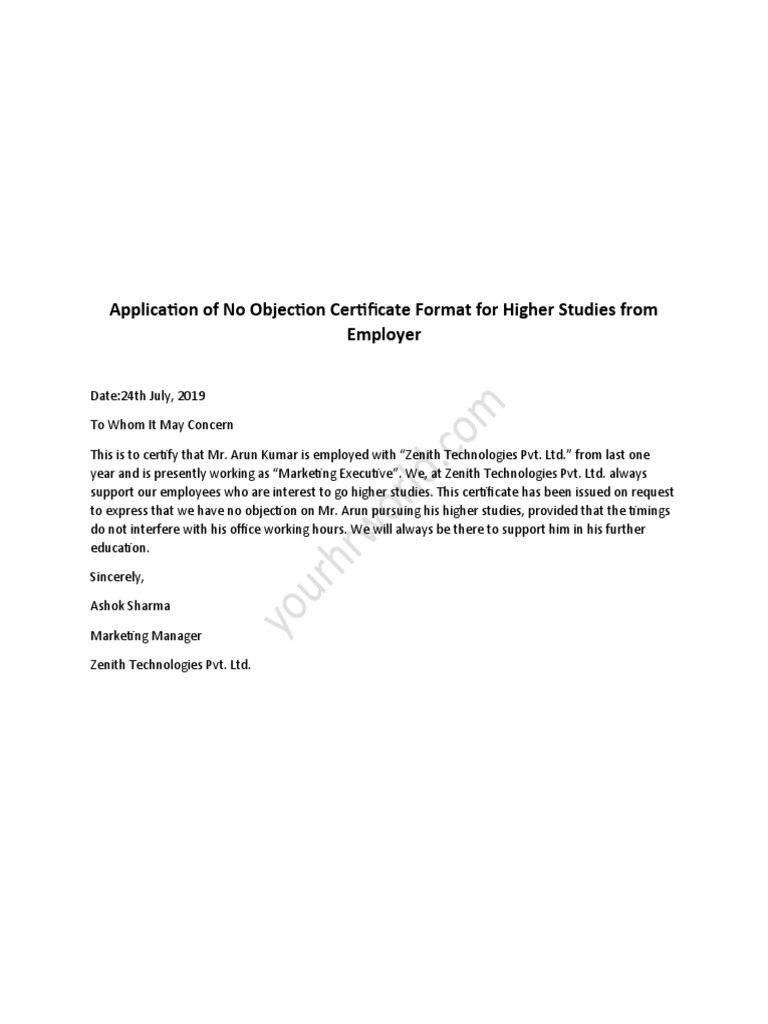 Noc Format For Higher Studies From Employer | PDF