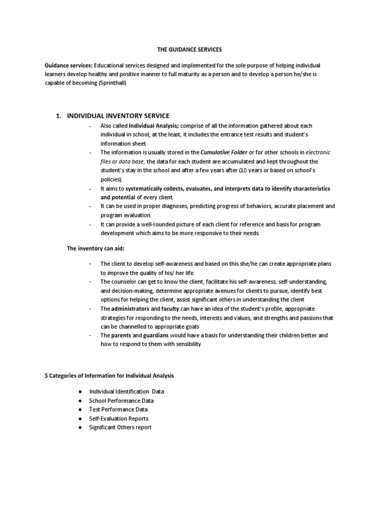 Individual Inventory Service: The Guidance Services Guidance Services ...