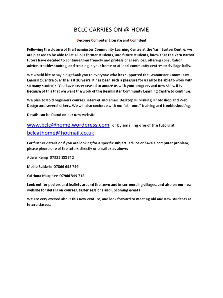 Home Computer Training Services Offered | PDF