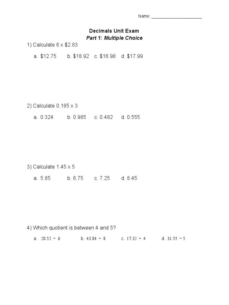 Decimals Unit Exam | PDF | Teaching Mathematics