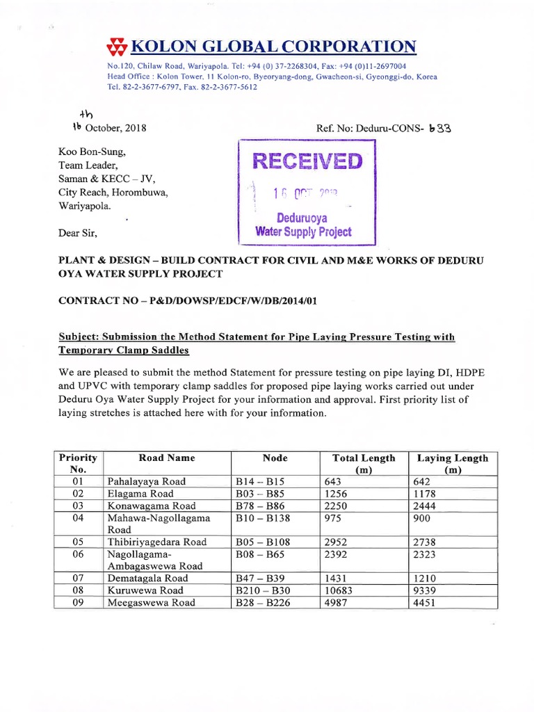 Submission The Method Statement For Pipe Laying Pressure Testing With ...