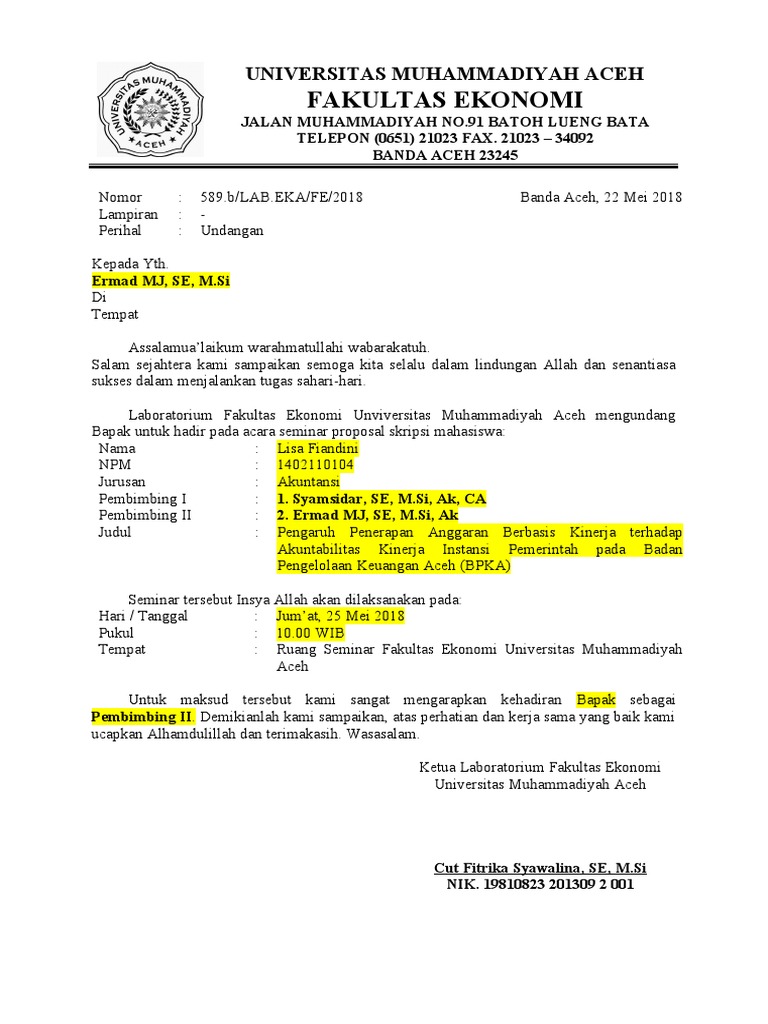 Contoh Undangan Seminar Proposal Skripsi | PDF