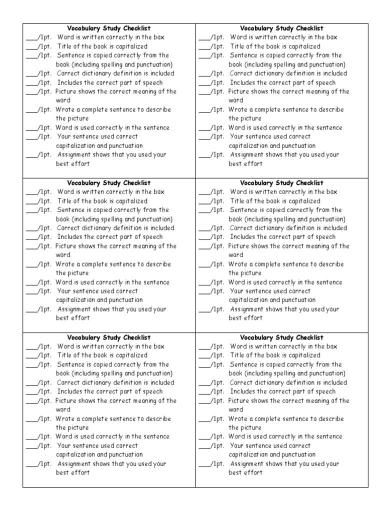 Vocabulary Study Checklist | PDF | Vocabulary | Dictionary