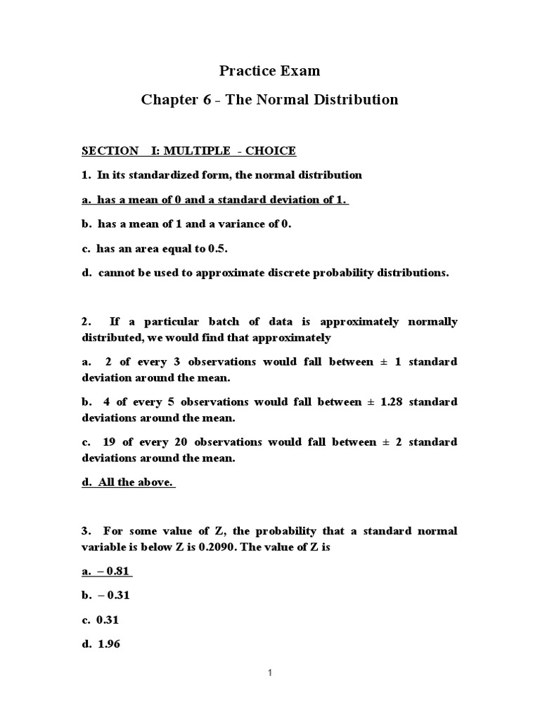 Normal Distribution Practice Exam | PDF | Mean | Normal Distribution
