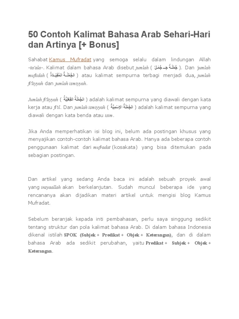 50 Contoh Kalimat Bahasa Arab Sehari | PDF
