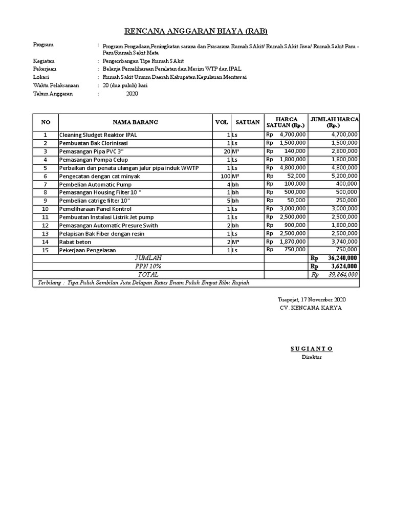 RAB Belanja Pemeliharaan Peralatan Dan Mesin WTP Dan IPAL | PDF