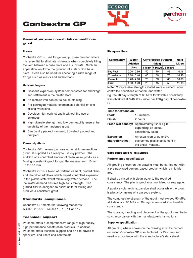 Conbextra GP: General Purpose Non-Shrink Cementitious Grout | PDF ...