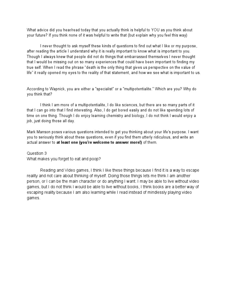 Reflection Questions Lifes Purpose Wapnick Ted Talk | PDF | Self ...