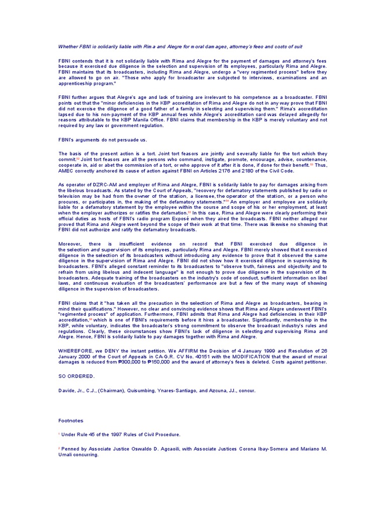 Whether FBNI Is Solidarily Liable With Rima and Alegre For Moral ...