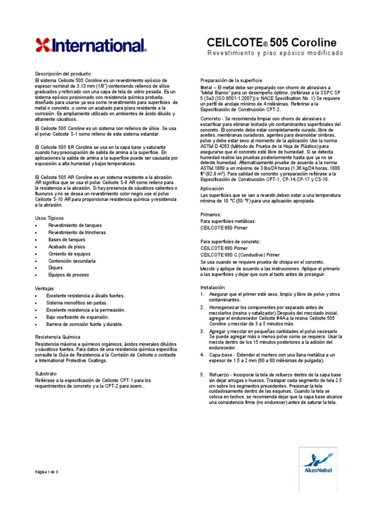 FT Ceilcote 505 Coroline | PDF | Hormigón | Sustancias químicas