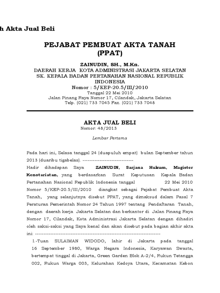 Contoh Akta Jual Beli | PDF | Pengelolaan Keuangan & Uang