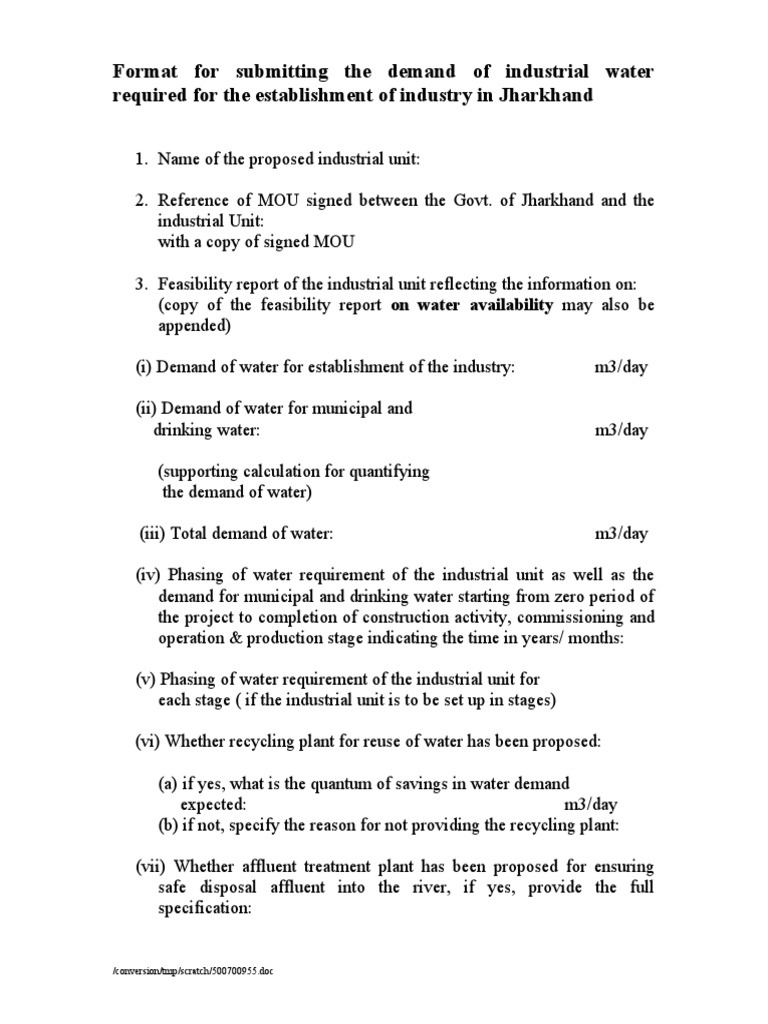 Proforma of Demand For Industrial Water | PDF | Water Resources ...