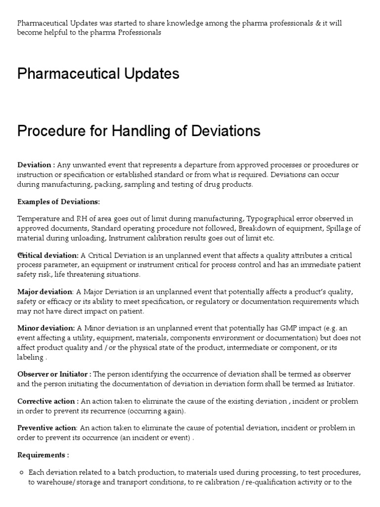 Procedure For Handling of Deviations PDF | Download Free PDF | Risk ...