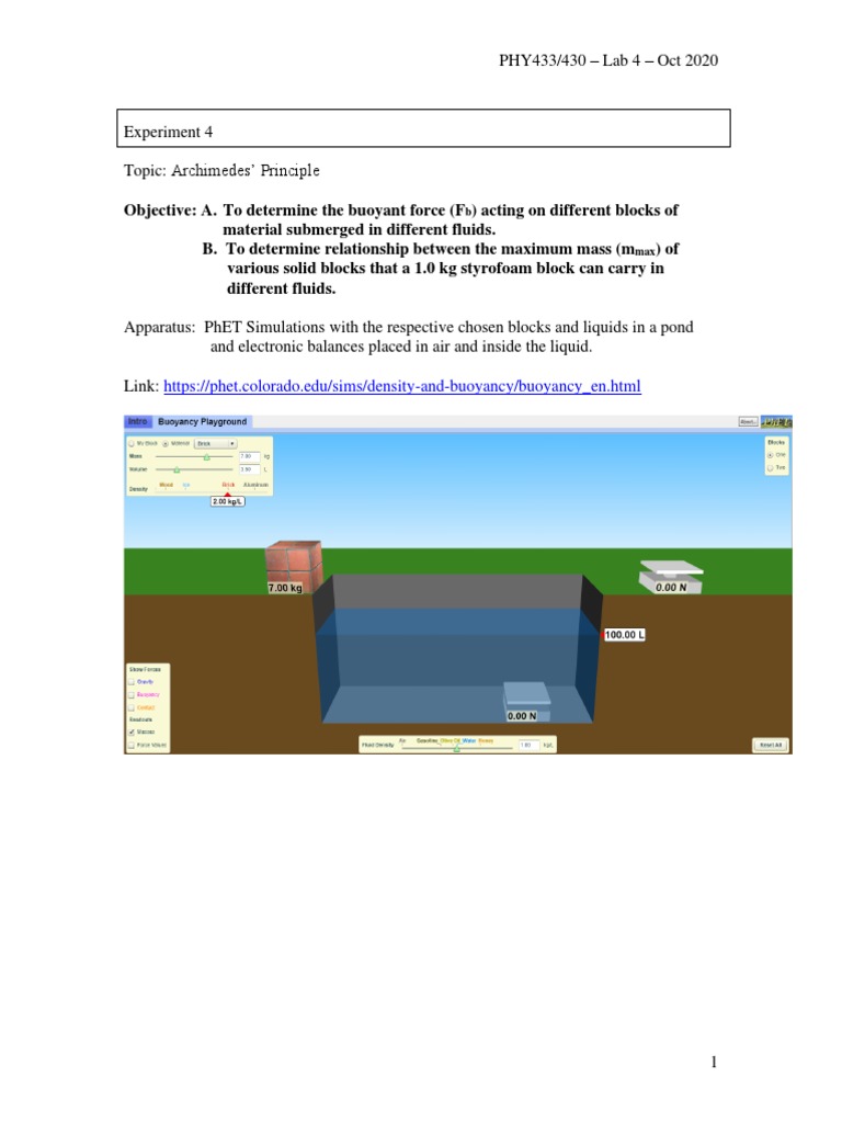 Expt 4 - PHY433 - 430 - PhET Simulation - Archimedes' Principle - Oct 2020 | PDF | Buoyancy ...