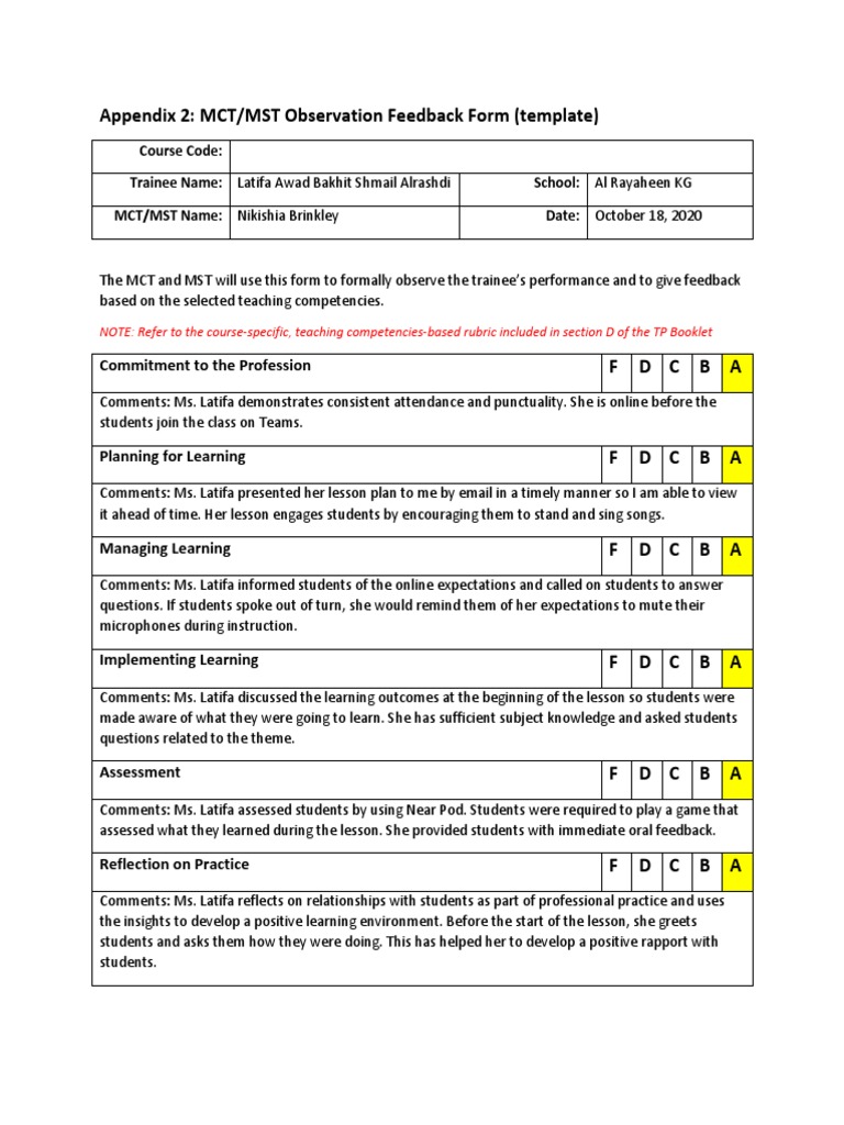 Appendix 2: MCT/MST Observation Feedback Form (Template) : Commitment ...