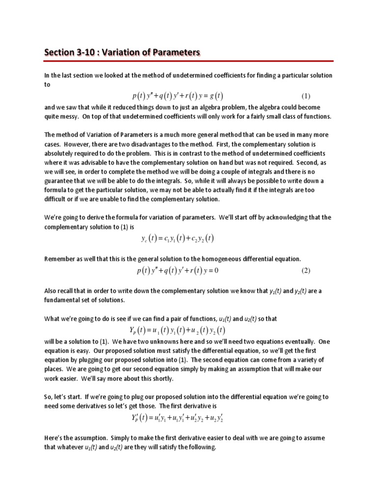 Section 3-10: Variation of Parameters: Pty Qty Rty GT | PDF | Ordinary ...