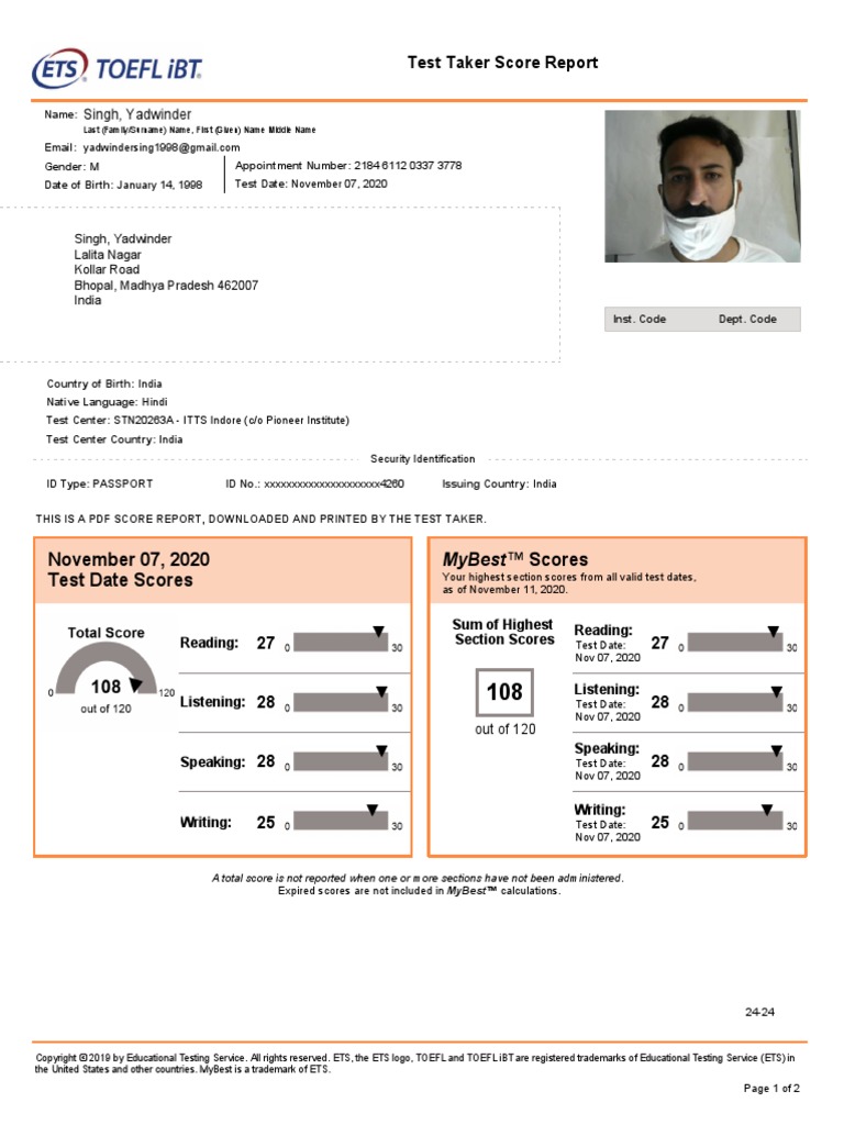 Test Taker Score Report: November 07, 2020 Test Date Scores | PDF ...