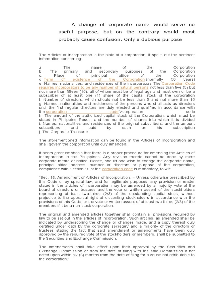 Amendment of Articles of Corporation | PDF | By Law | Board Of Directors