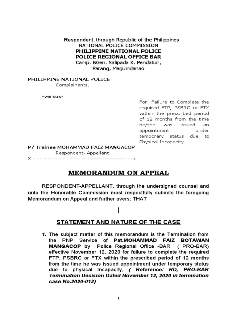 Napolcom Memorandum of Appeal | PDF | Military Discharge | Justice