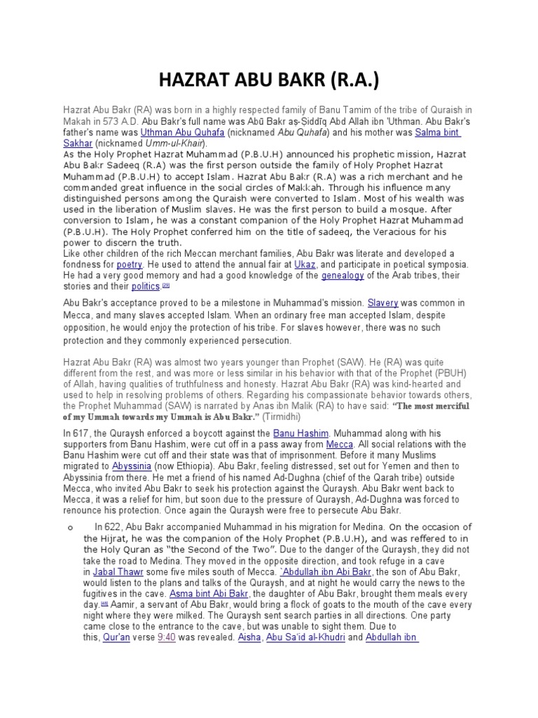 HAZRAT ABU BAKR (Final) | Download Free PDF | Umar | Muhammad