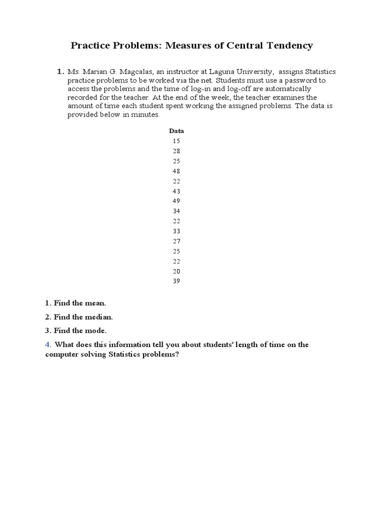 Practice Problems: Measures of Central Tendency | PDF | Mean | Median