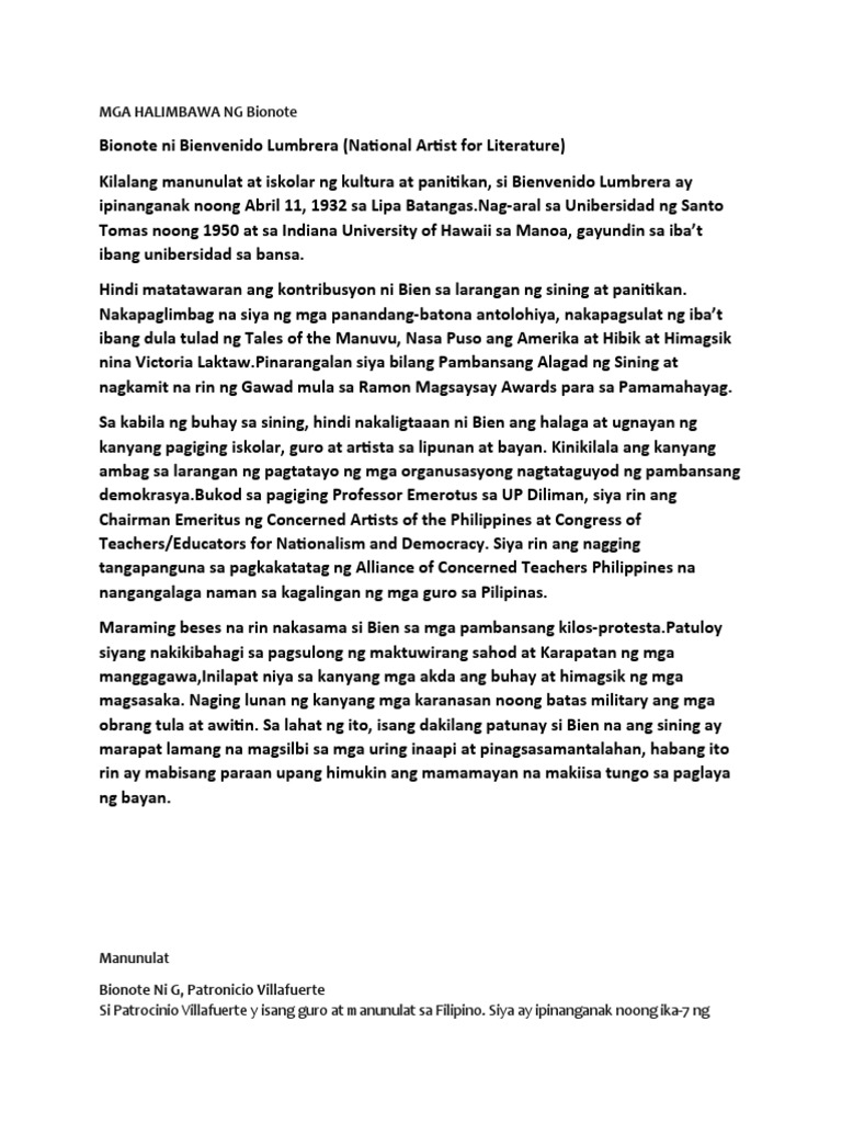 MGA HALIMBAWA NG Bionote | PDF