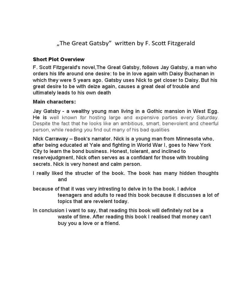 The Great Gatsby" Written by F. Scott Fitzgerald: Short Plot Overview | PDF