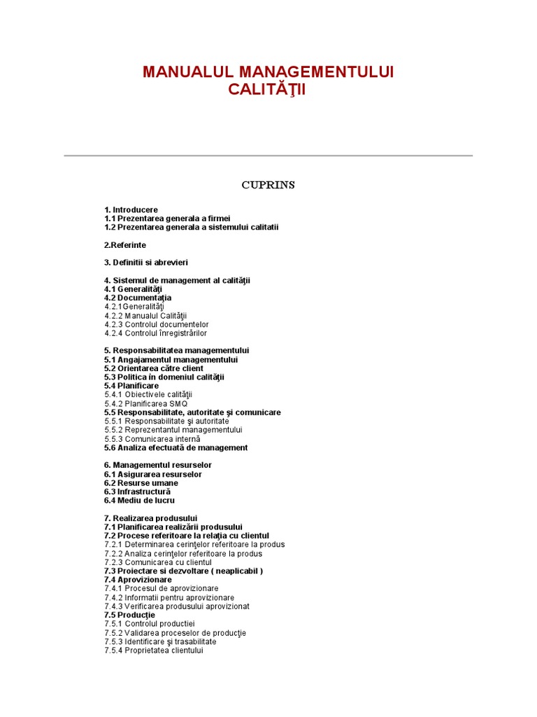 Manualul Managementului Calitatii | PDF