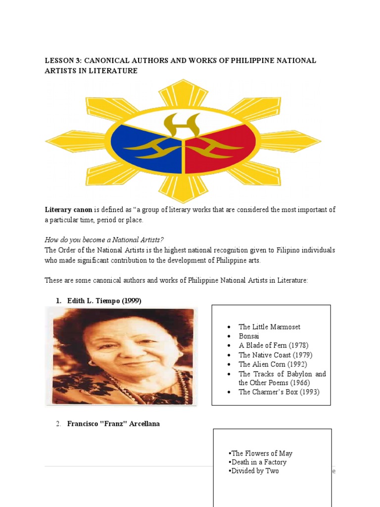 Lesson 3: Canonical Authors and Works of Philippine National Artists in ...