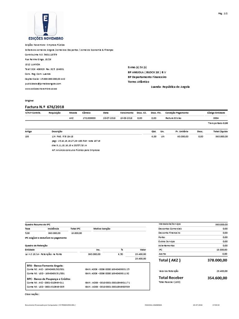 Factura N.º 676/2018: BP Angola (Block 18) B.V Exmo.(s) SR.(S) | PDF ...