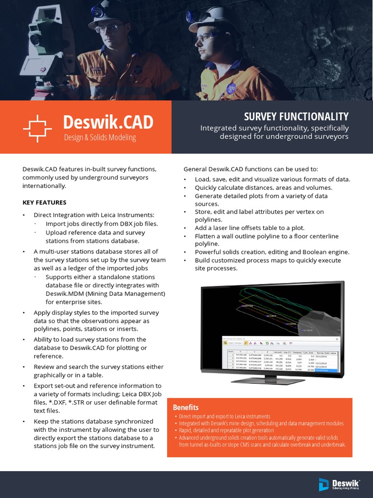 Deswik - CAD Survey Functionality Flyer PDF | PDF | Surveying | Computer Aided Design