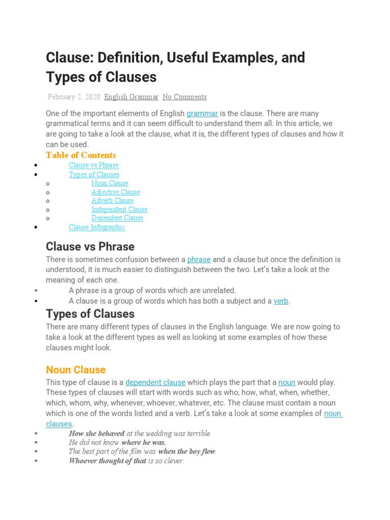 Clause: Definition, Useful Examples, and Types of Clauses | PDF | Clause | English Grammar