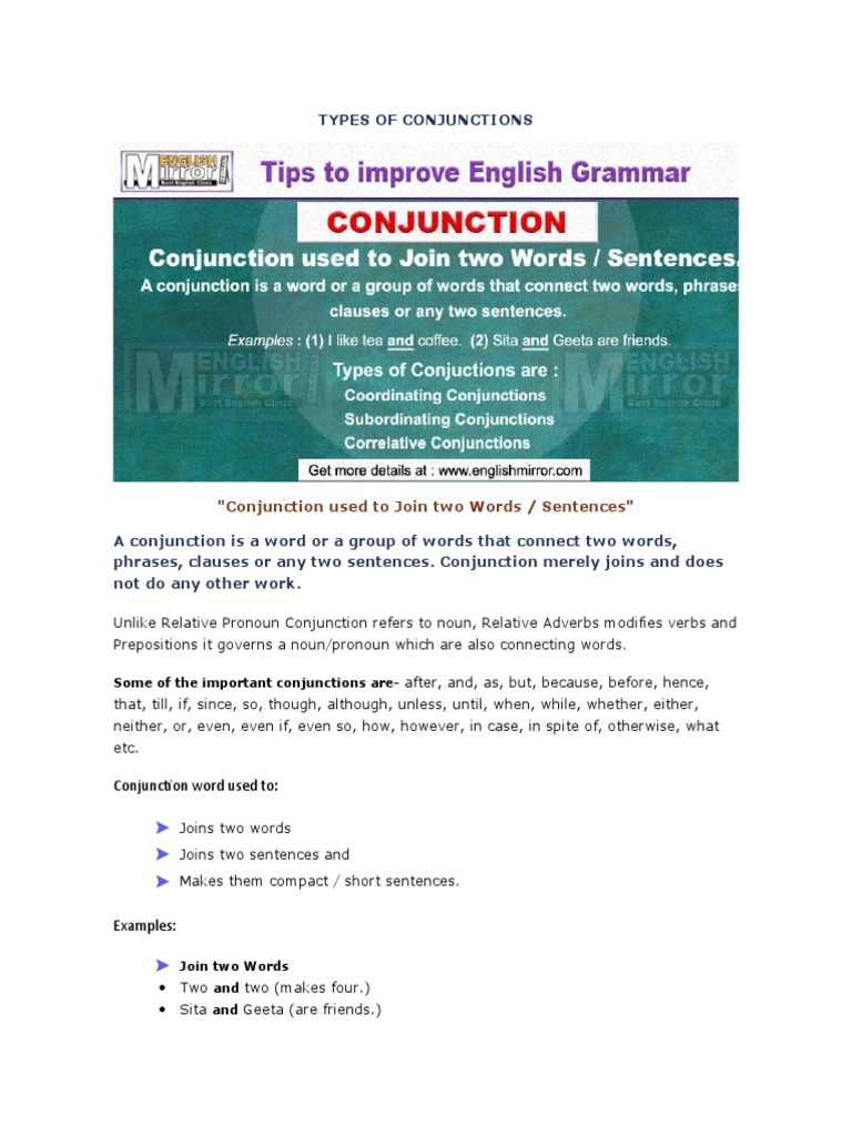 Types of Conjunctions: "Conjunction Used To Join Two Words / Sentences ...