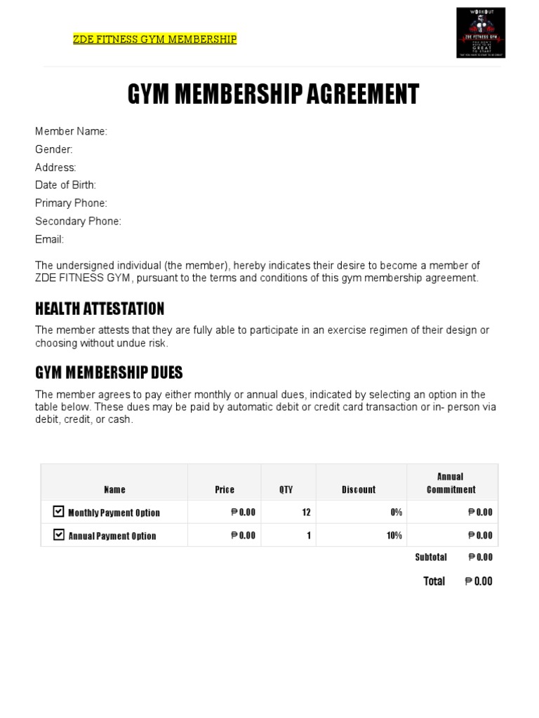 Gym Membership Agreement | PDF | Indemnity | Option (Finance)