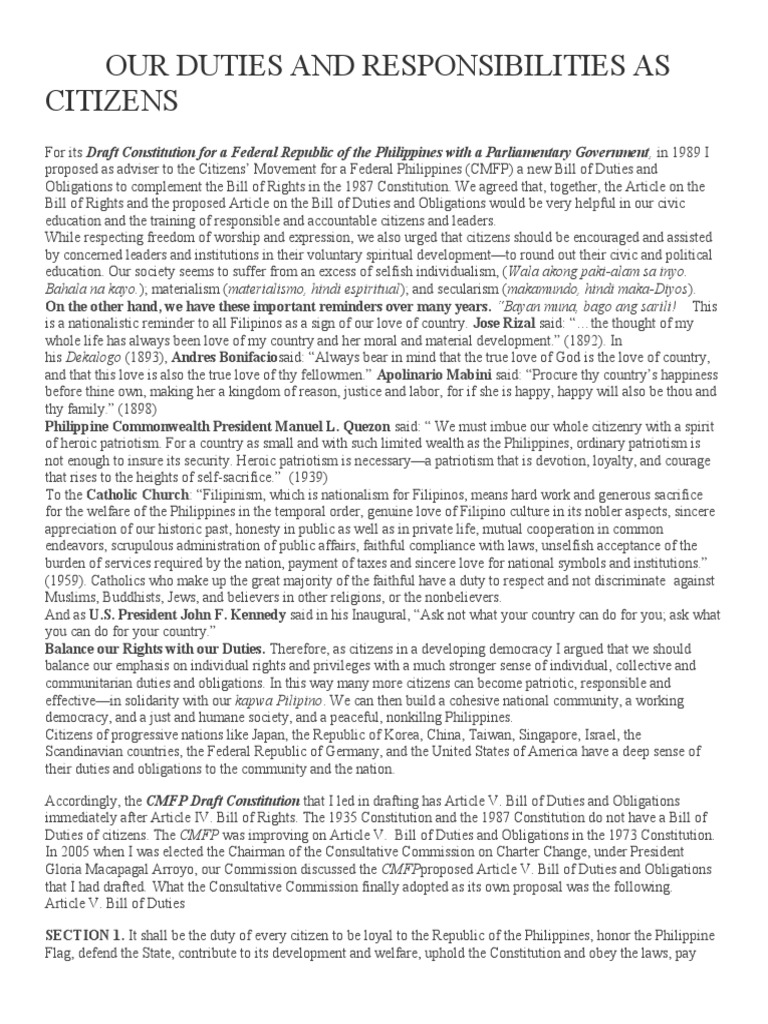 Our Duties and Responsibilities As Citizens | PDF | Citizenship ...