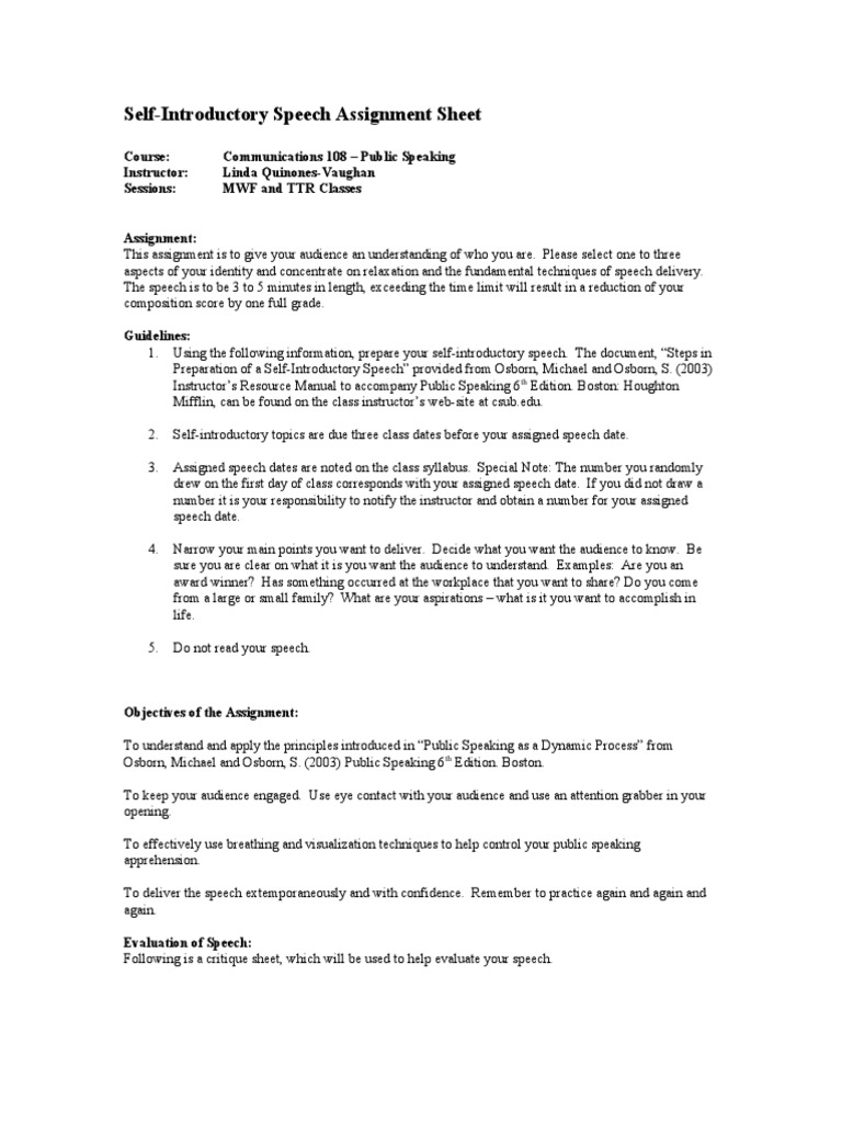 Self-Introductory Speech Guidelines | PDF | Public Speaking | Evaluation