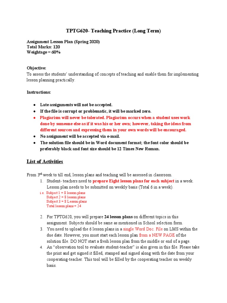 TPTG620-Teaching Practice (Long Term) : Assignment Lesson Plan (Spring ...