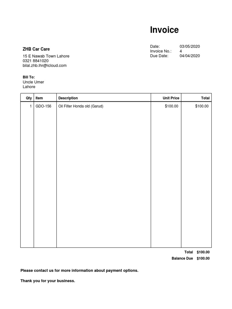 Uncle Umer's Oil Filter Replacement Invoice from ZHB Car Care for $100 ...