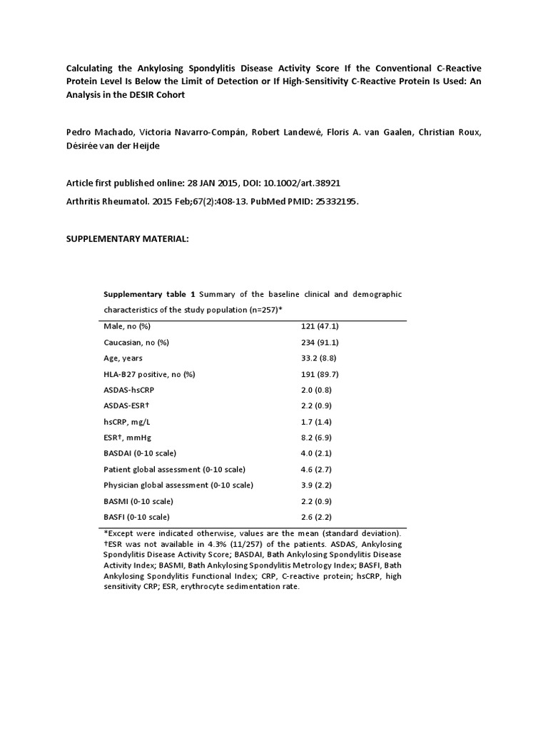 Supplementary Material ASDAS Calculation PDF | PDF | C Reactive Protein ...