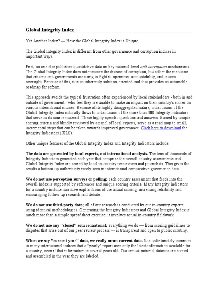 Global Integrity Index: Click Here To Download | PDF | Governance ...