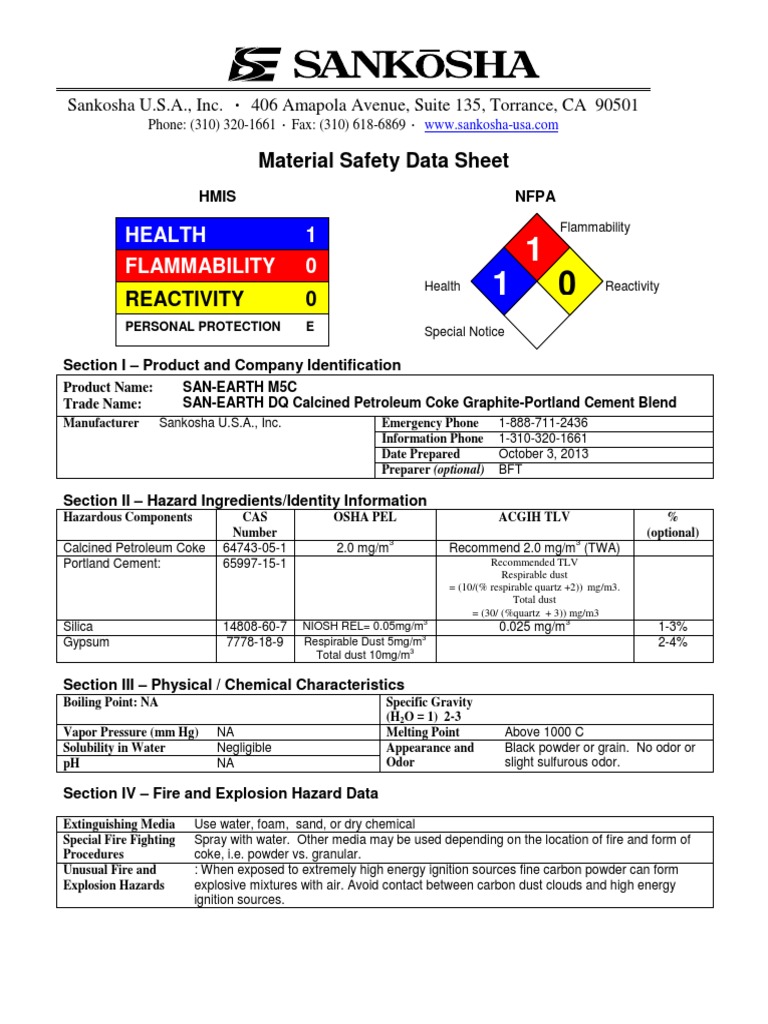 Material Safety Data Sheet - SAN EARTH | PDF | Personal Protective ...