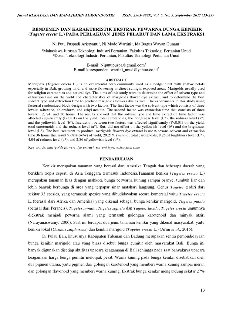 (ARISTYANTI) Rendemen Dan Karakteristik Ekstrak Pewarna Bunga Kenikir ...